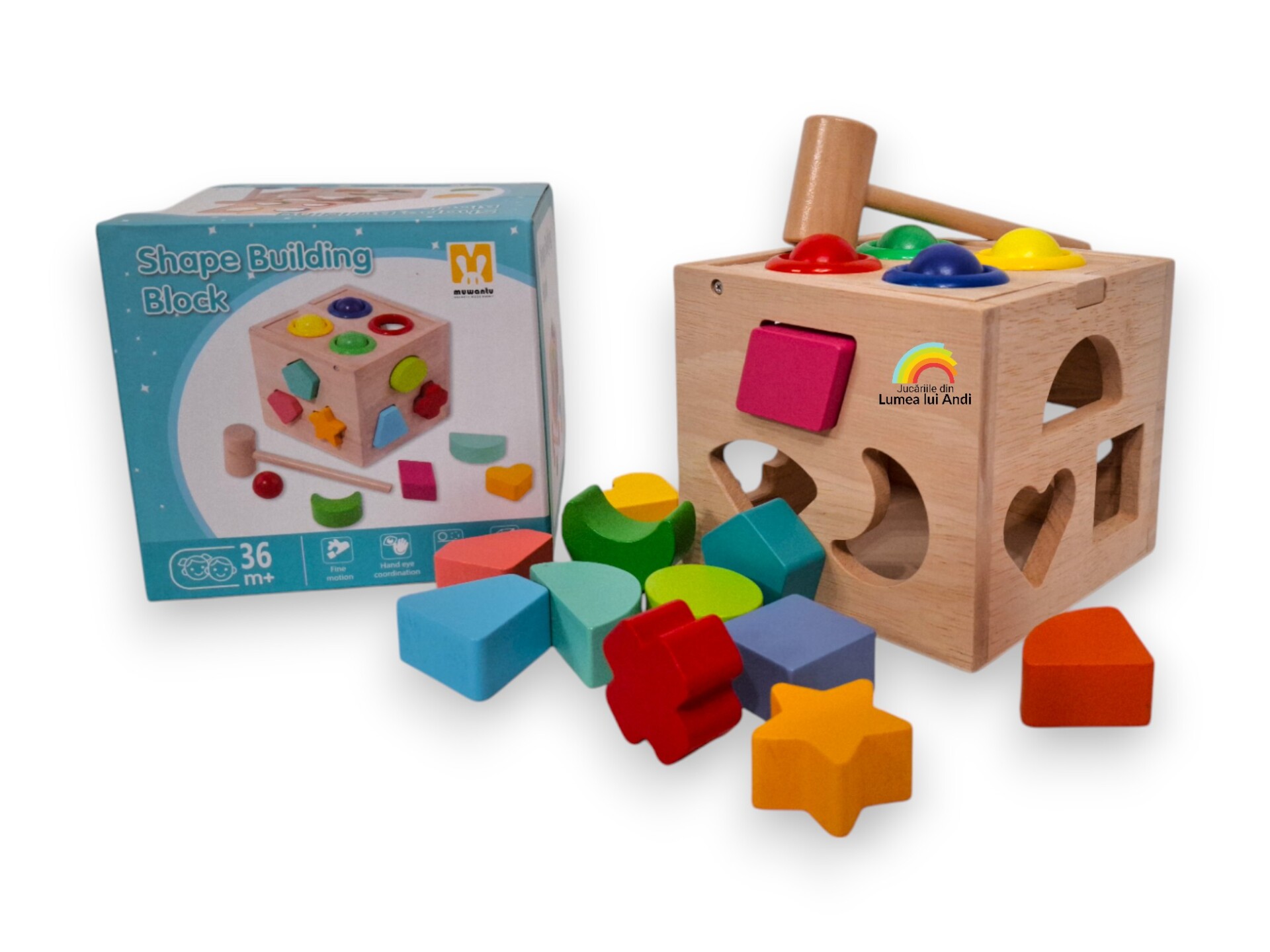 Cub din lemn 2 în 1: sortator de forme și cutia permanenței cu 4 bile ...